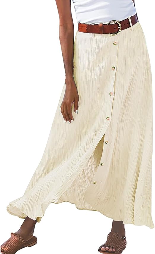 Jupe en lin avec boutons : jupe évasée longue taille haute pour femme ...