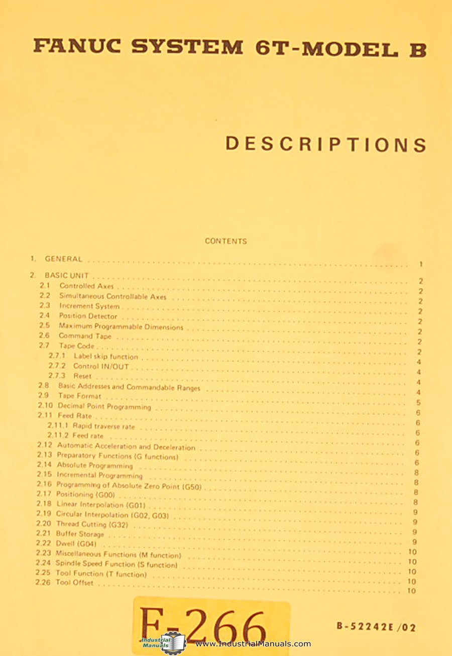 Fanuc System 6T Model B, CNC Machine Control, B-52242E/02, Descriptions ...