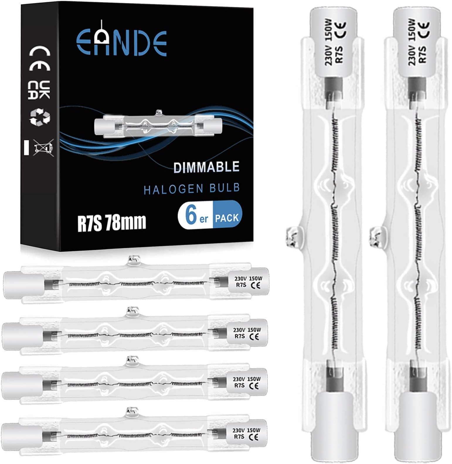 Eande R7s Halogen Bulb 78mm 150W, Dimmable 230V 2880LM 2800K Warm White ...