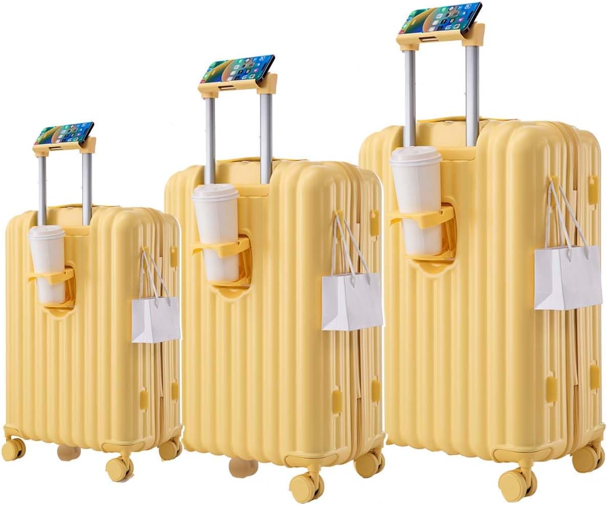 Amazon.com | Ningering Yellow 3 Piece Luggage Set with USB Port & Cup ...