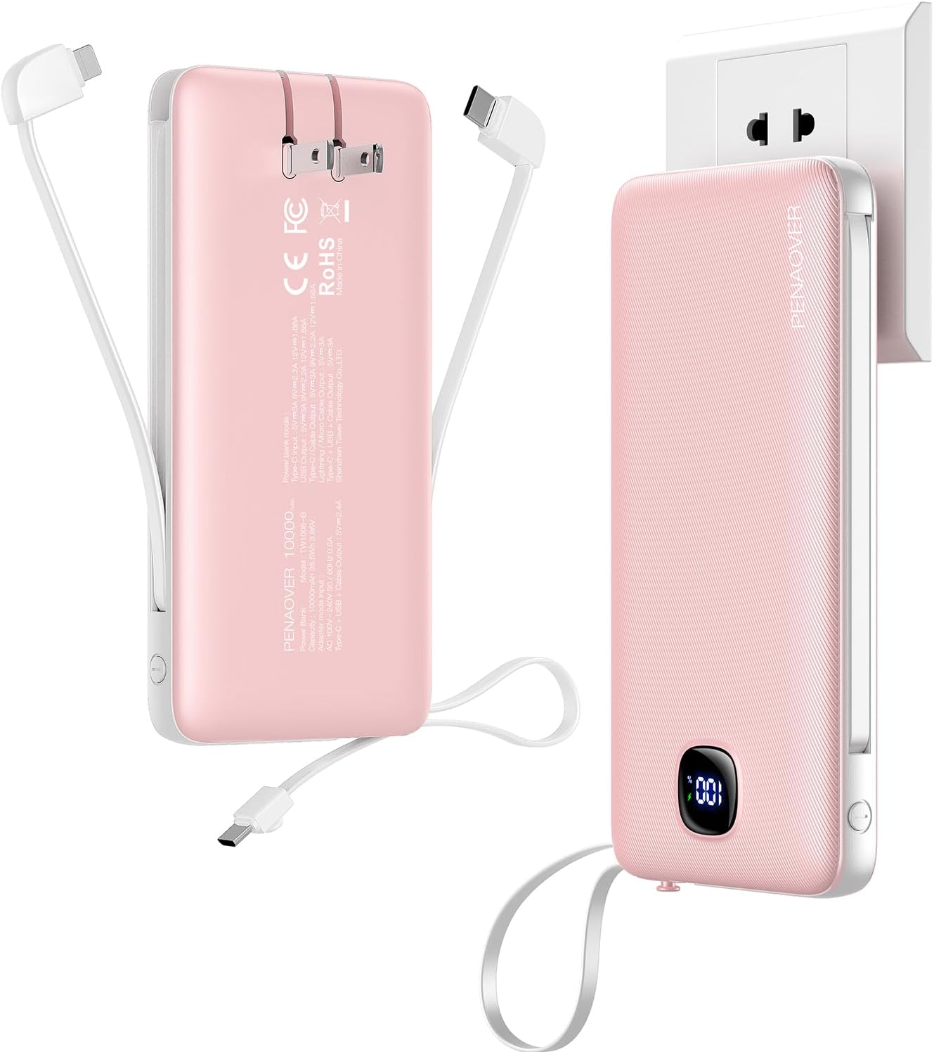 Amazon.com: penaover Portable Charger with Built-in Cables&AC Wall Plug ...