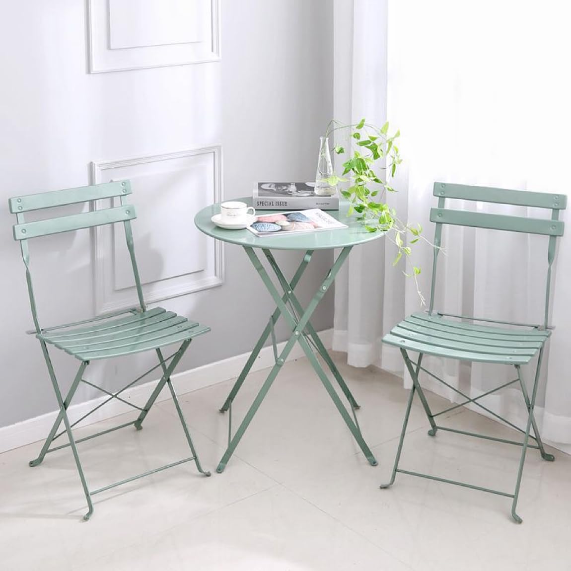 Amazon.co.jp: REENEW ガーデンテーブルセット ベランダのテーブルと椅子のセット カジュアルなテーブルと椅子の組み合わせ 3つのセット 折り畳み 組み立て不要 1ラウンド ...