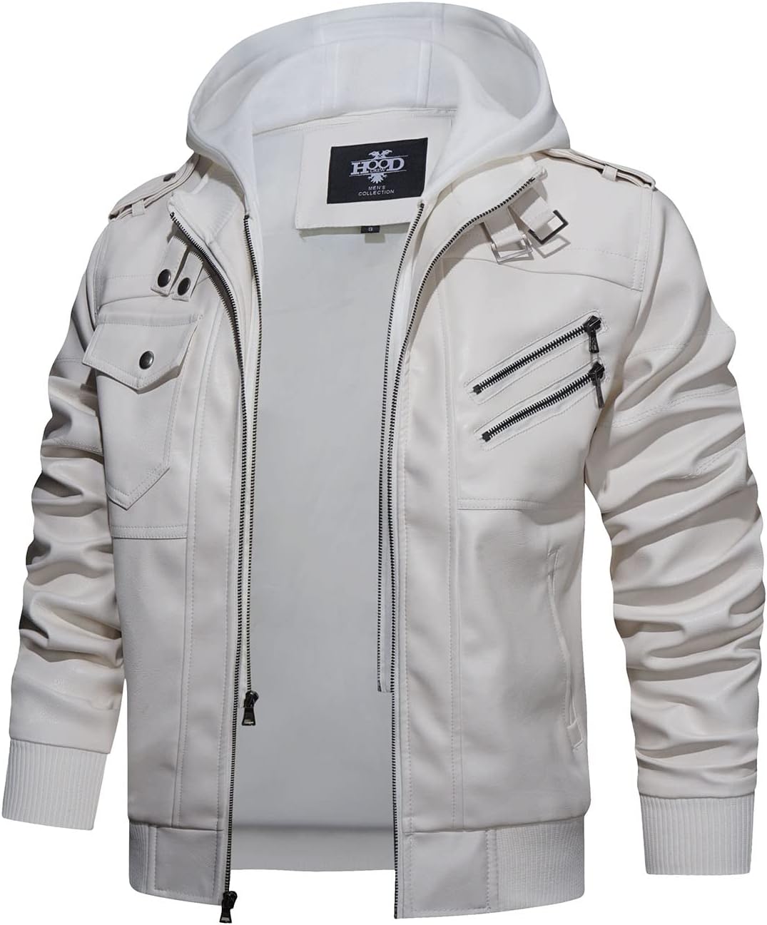 HOOD CREW Men’s Casual Stand Collar PU Faux Leather Zip-Up Motorcycle ...