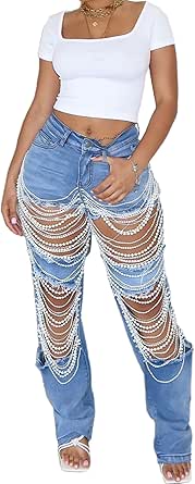 Vaceky Pearl Ripped Jeans Womens High Waist Stretchy Straight Leg Y2K ...