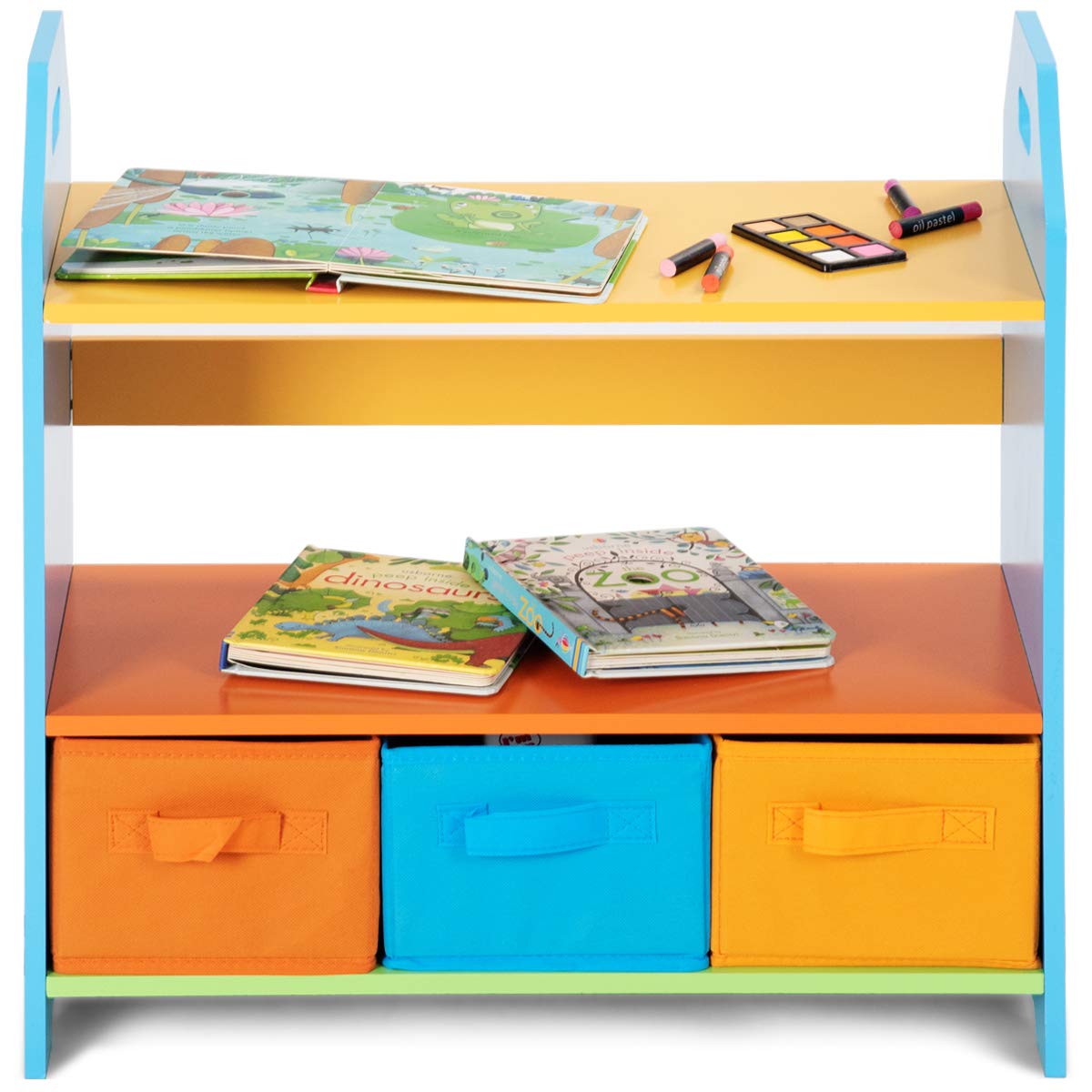 Costzon Crayon Themed 2-Tier Kids Bookshelf with 3 Storage Bins ...