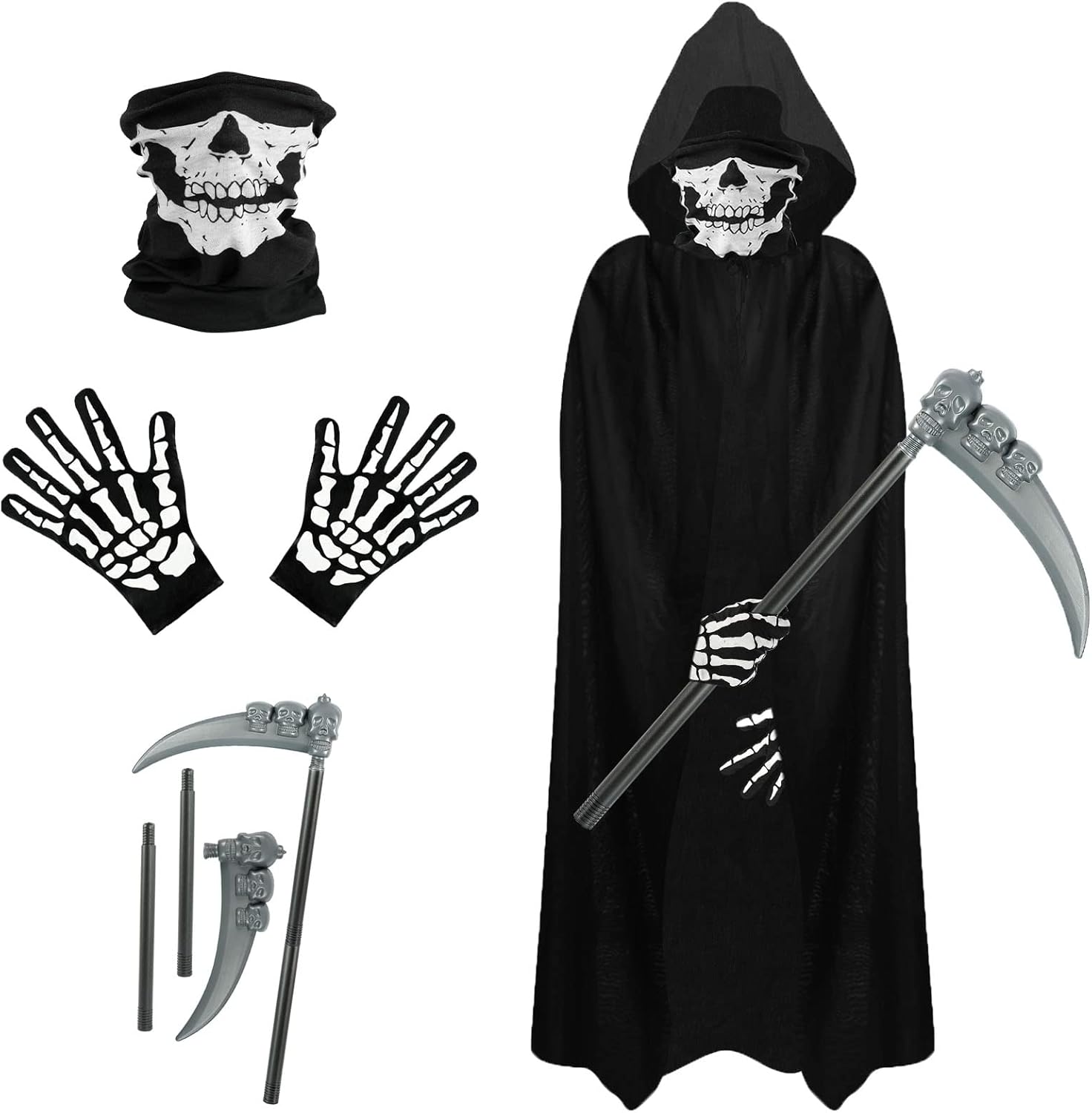 KATELUO Halloween Kostüm Set, Sensenmann Kostüm,Skelett Handschuhe ...