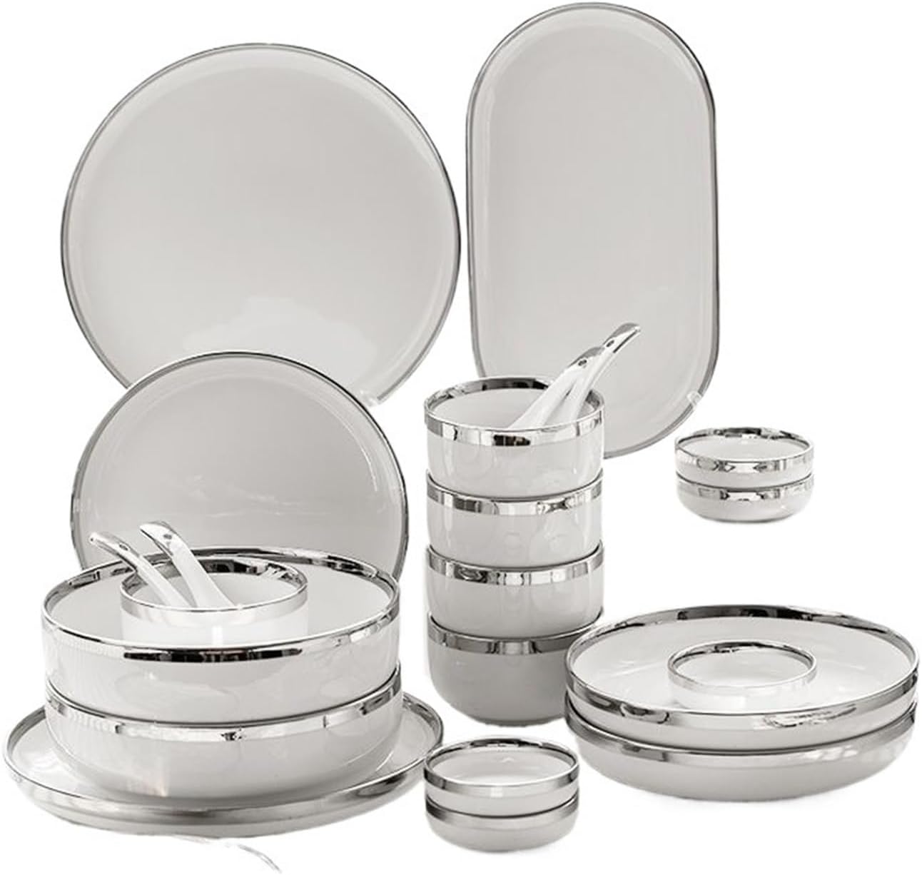 Complete Dinnerware Set Glossy White Ceramic Plates with Silver Rim ...