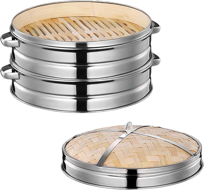 Bamboo Steamer 26CM, Two-Tier Food Dim Sum Steamer with Lid, Great for ...