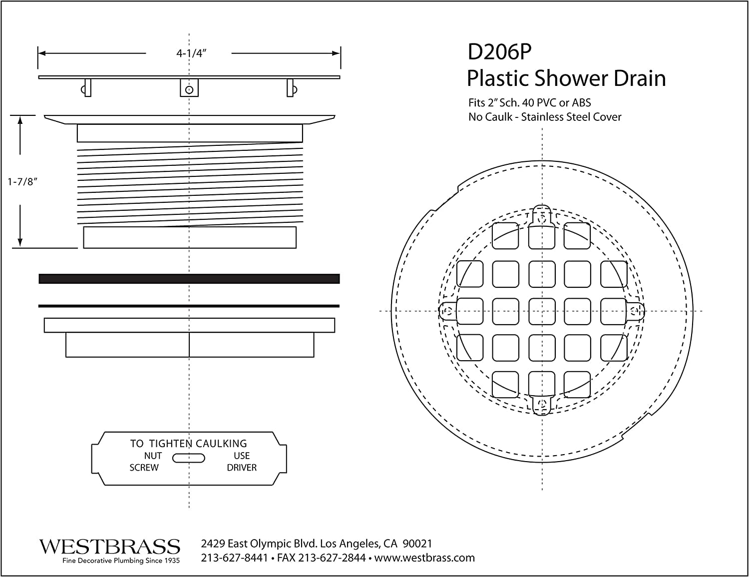 Snapklik.com : Westbrass D206P-5-07 2 No-Caulk PVC Compression Shower Drain