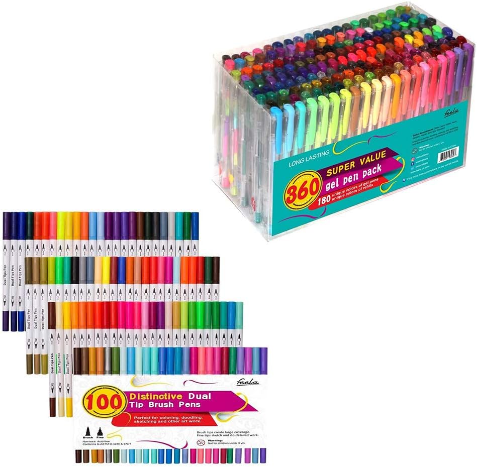 Amazon.com: feela 360 Pack Gel Pens 100 Colors Brush Pens : Office Products