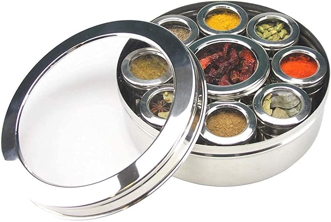 WhopperIndia Stainless Steel Spice Box 9 Compartments with Transparent ...
