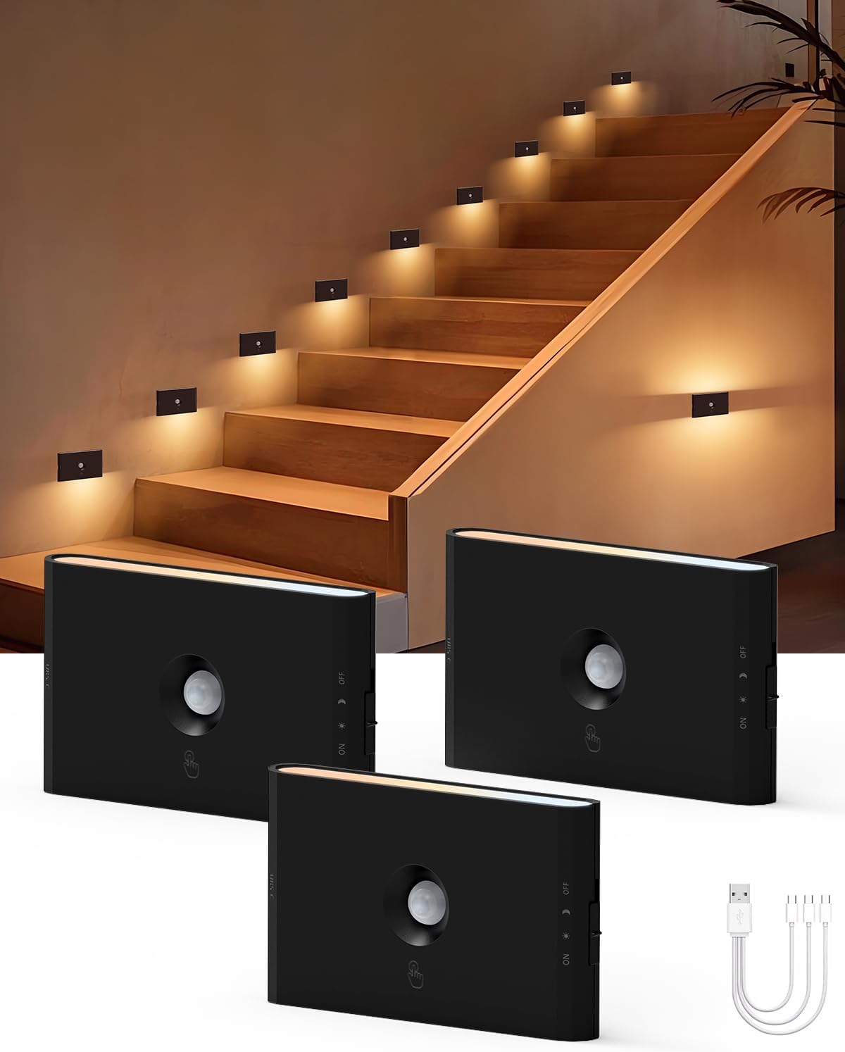 Yiliaw Motion Sensor Stair Light, Black Automatic Lights with Magnetic ...