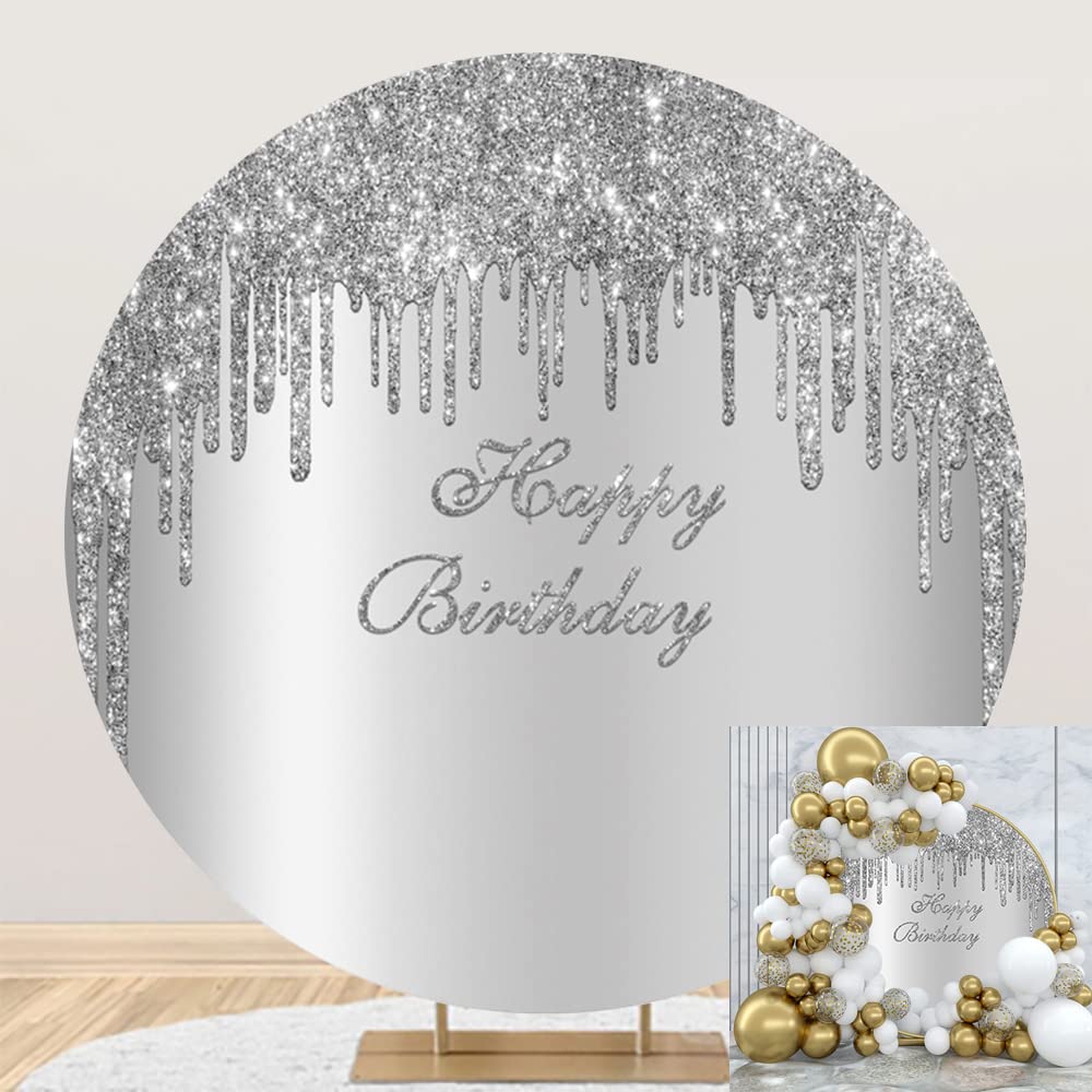 Amazon.com : OERJU 6.5x6.5ft Silver Birthday Round Backdrop Luxurious ...