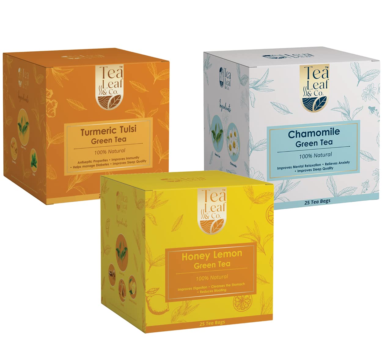 Tea Leaf & Co. Honey Lemon + Turmeric Tulsi + Chamomile Green Tea Combo ...