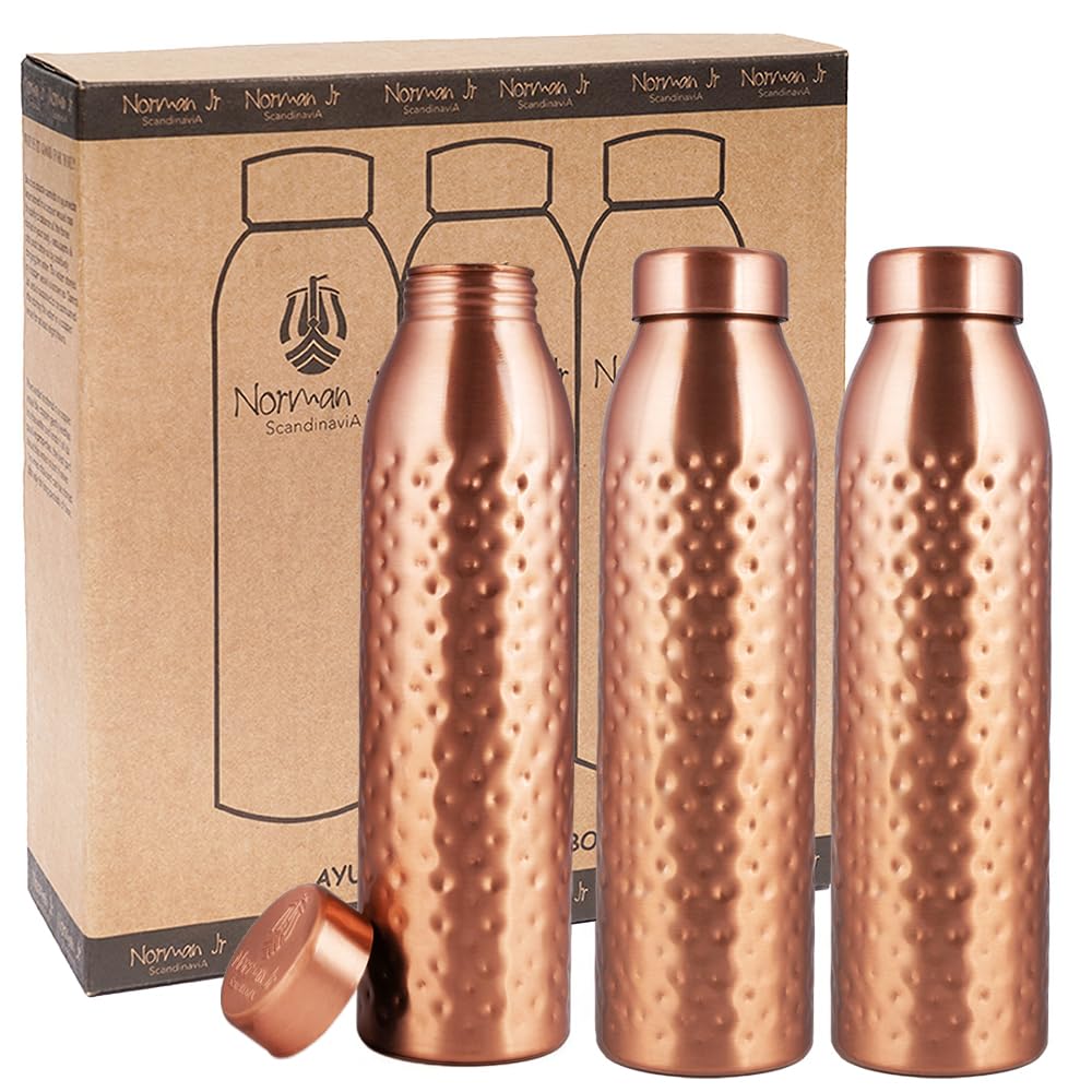 Buy NORMAN JR, Copper Water Bottle 1L - Gift Box of 3, Hammered, an ...
