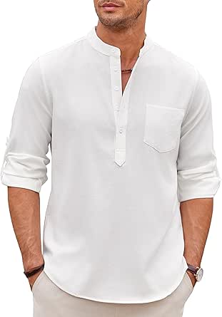 COOFANDY Men's Casual Henley Shirts Long Sleeve Band Collar Summer Linen Beach Hippie T Shirts ...