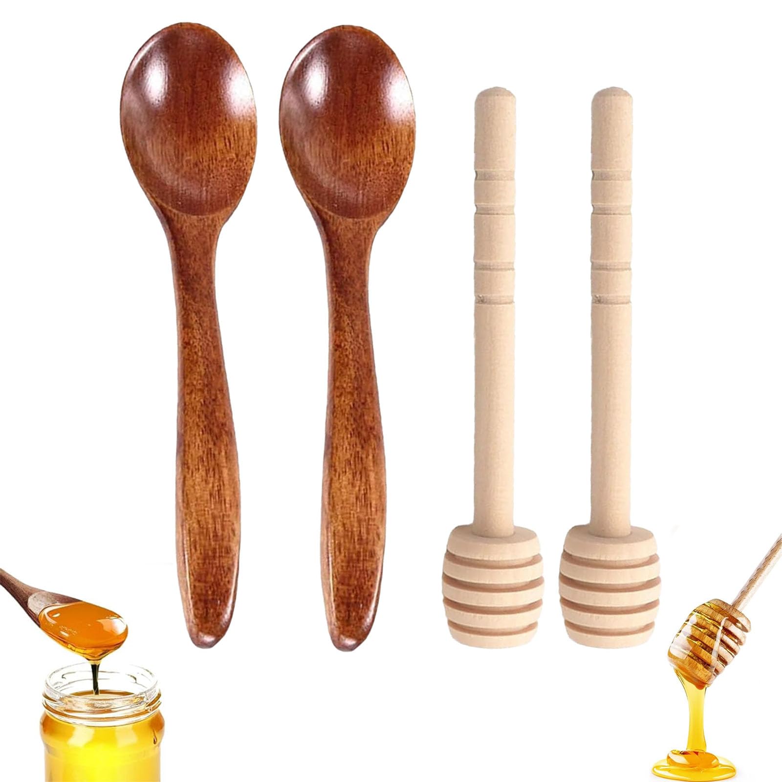 4 Piece Honey Spoon Set, Including 2 Small Wooden Spoons and 2 Mixing ...
