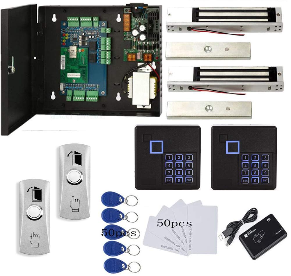TCP/IP 2 Doors Access Control System Kits Metal Push Release Button Electromagnetic Lock RFID ...