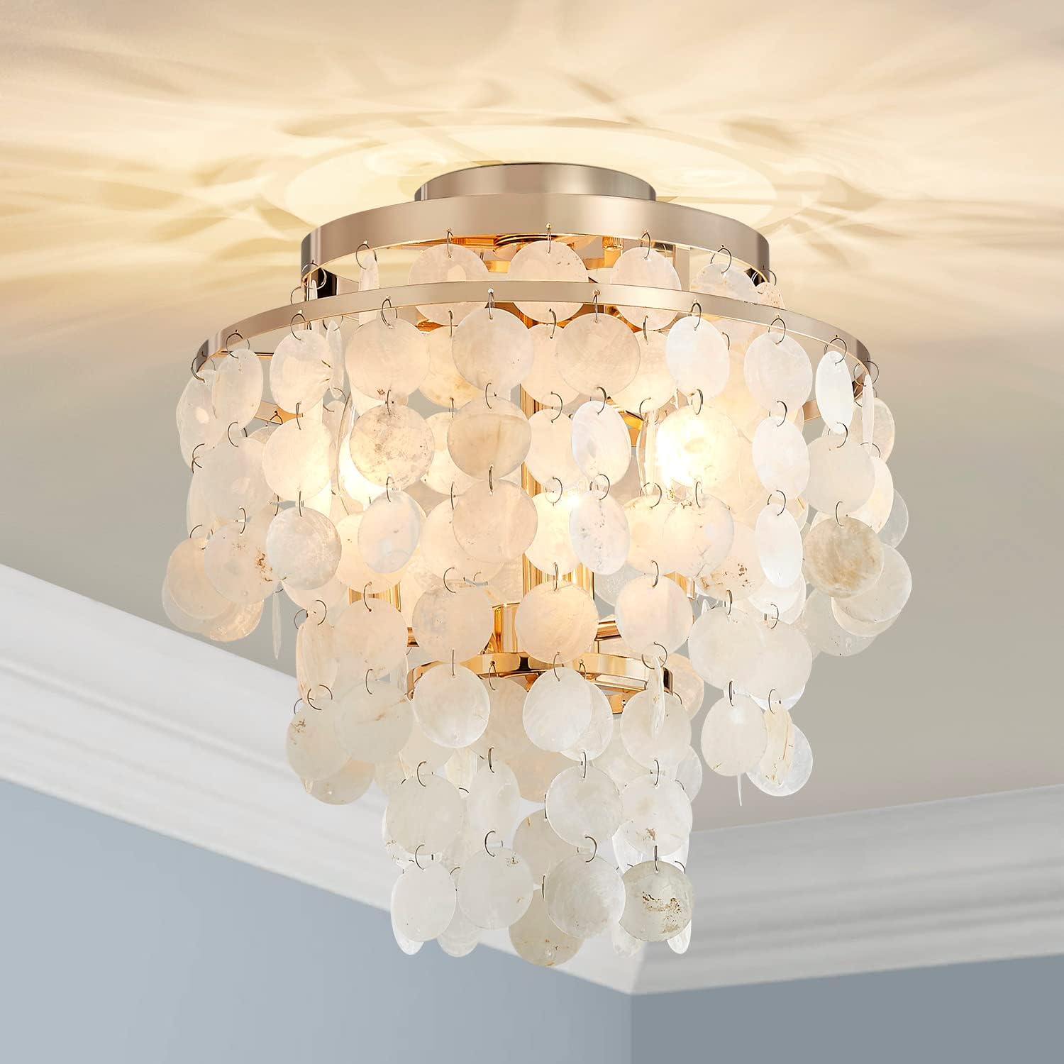 VAXCEL Elsa 16-in W Satin Nickel Capiz Shell Coastal Flush Mount ...