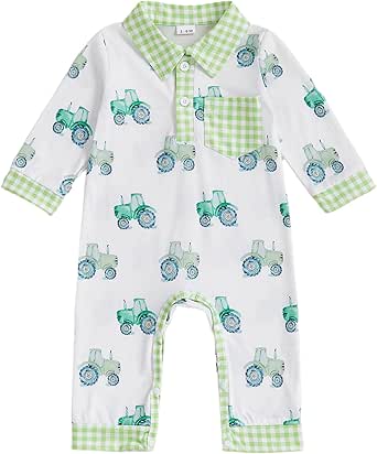 Amazon.com: Santikisler Newborn Baby Boy Fall Outfit Tractor Print Long Sleeve Romper Polo ...