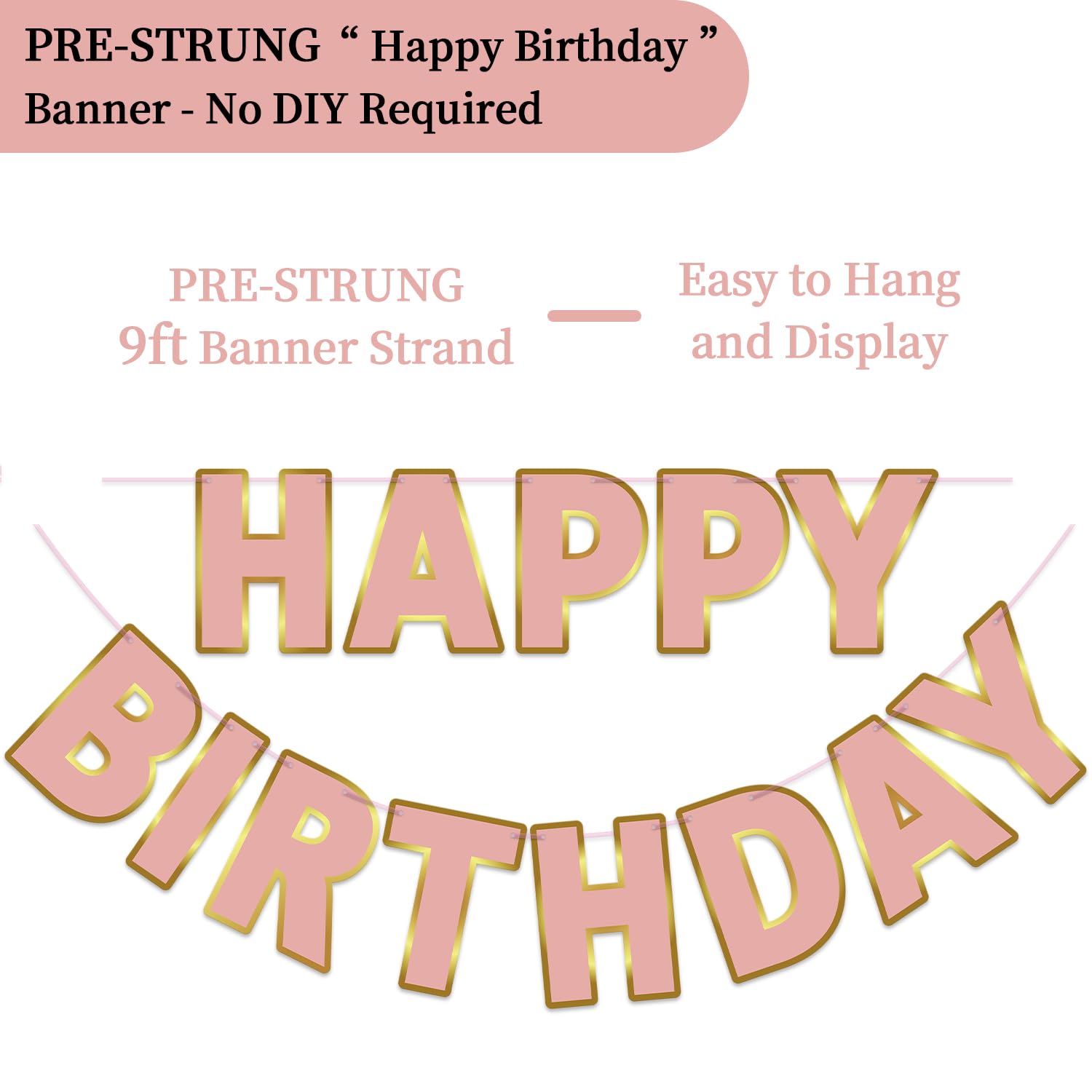 Snapklik.com : LITAUS Happy Birthday Banner 9ft Rose Gold - Pre-Strung ...