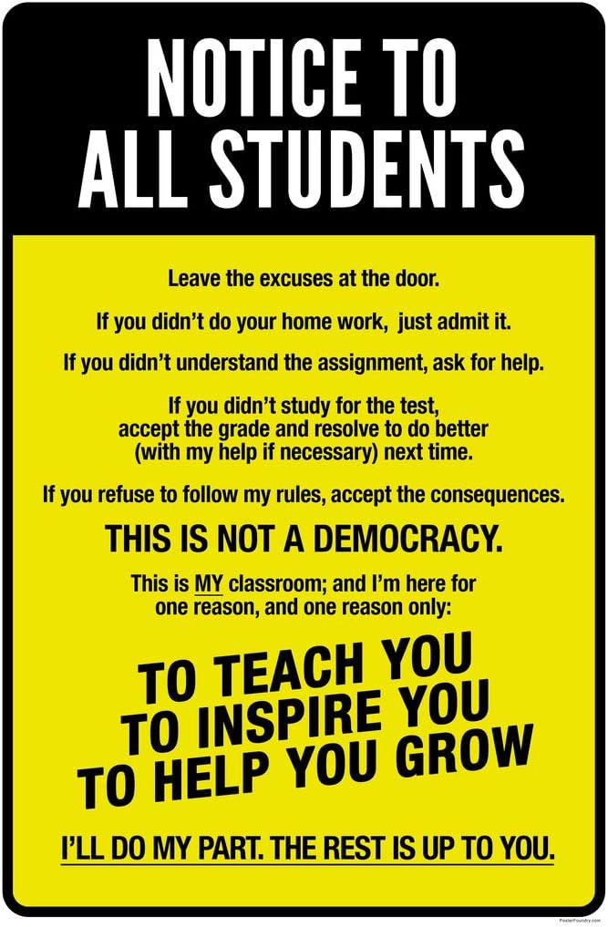 Amazon.com: Classroom Sign Notice to All Students Warning Rules Teacher ...