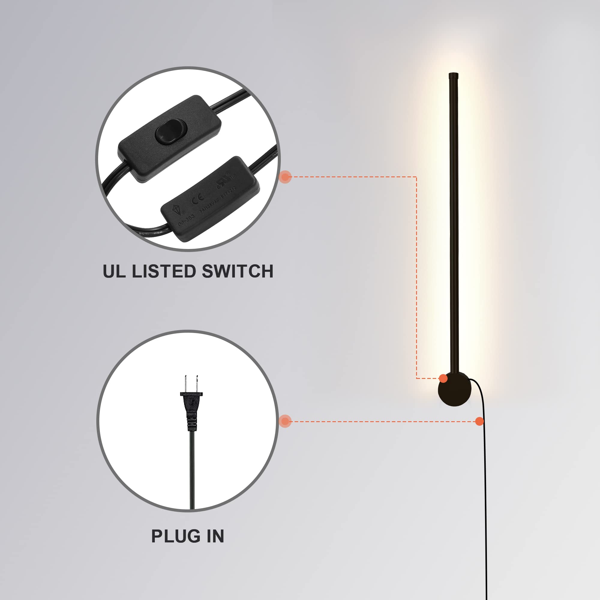 KARTOOSH Plug in Wall Sconce Set of 2, Black Minimalist Built-in LED ...