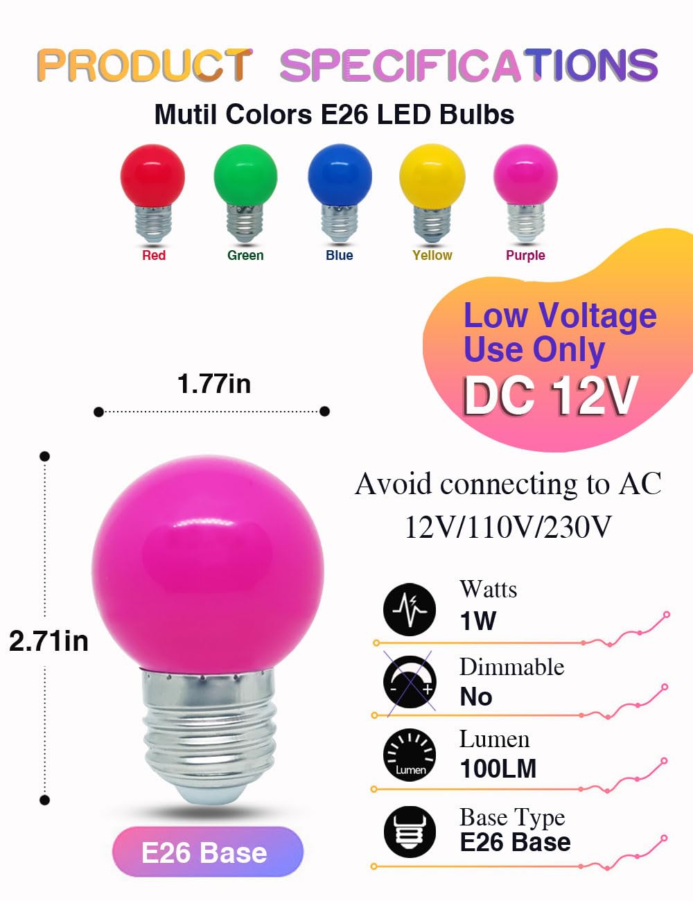Snapklik.com : DC 12 Volt LED Bulbs, Low Voltage Light Bulbs, Purple 1W ...