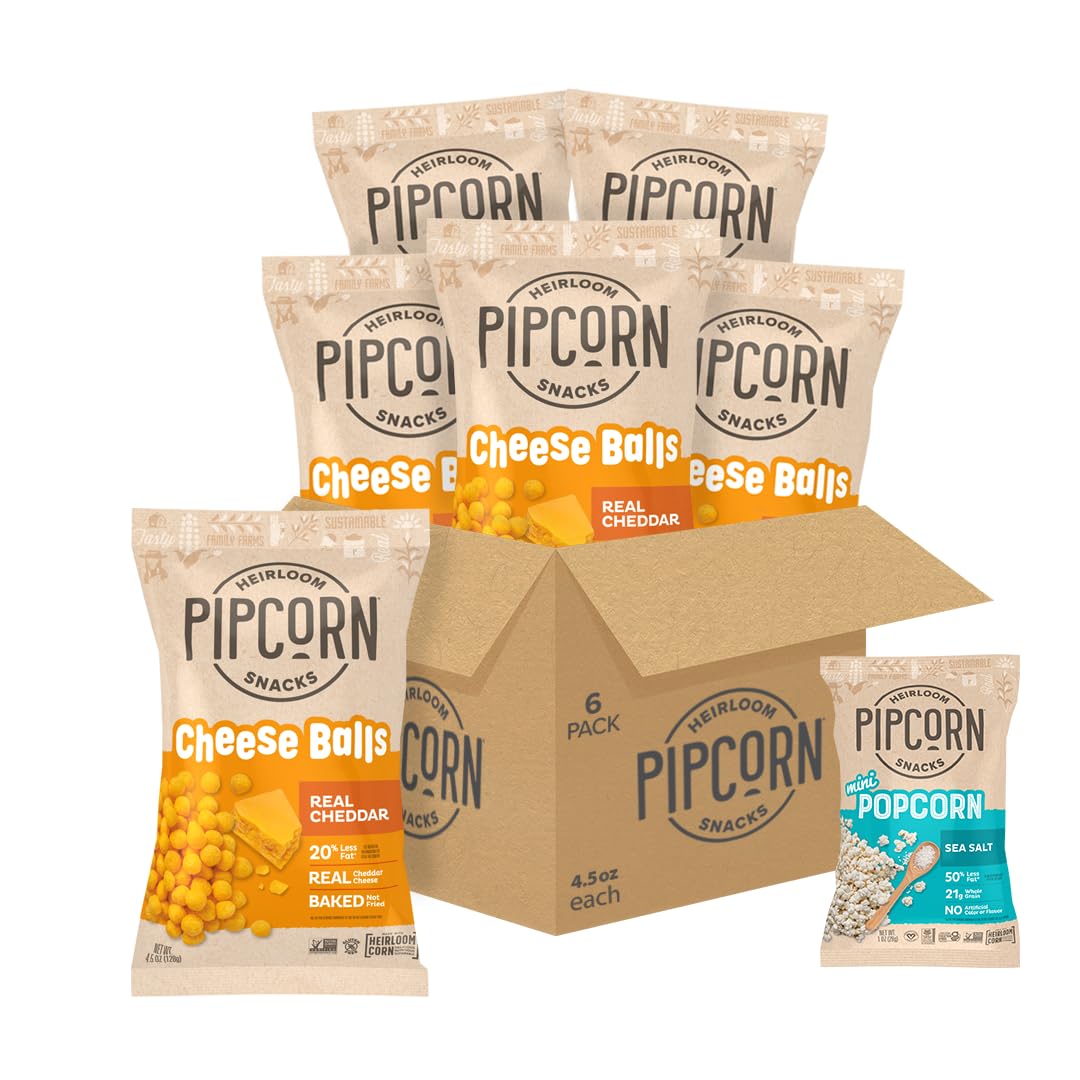 Pipcorn Cheddar Cheese Balls 6 Pack and Snack Size Sea Salt Mini ...