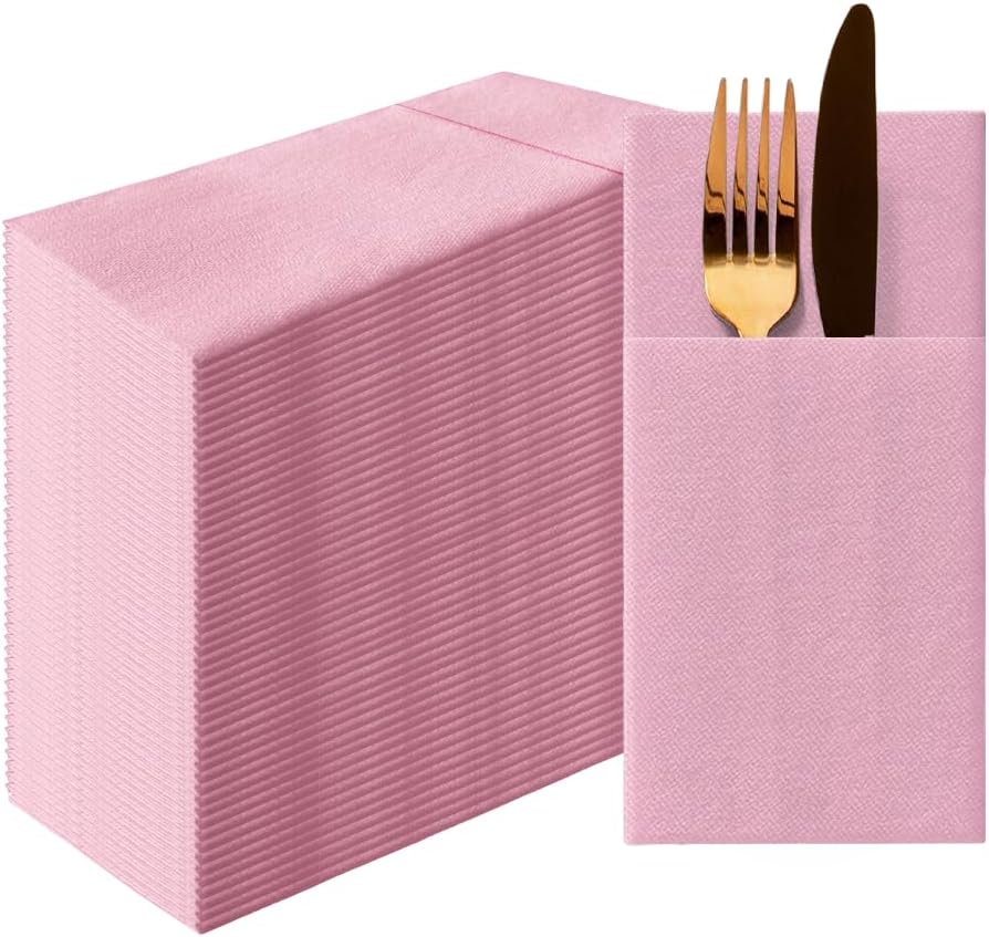Amazon.com: 100 Pcs Pink Bow Linen Feel Napkins with Built-in Flatware ...
