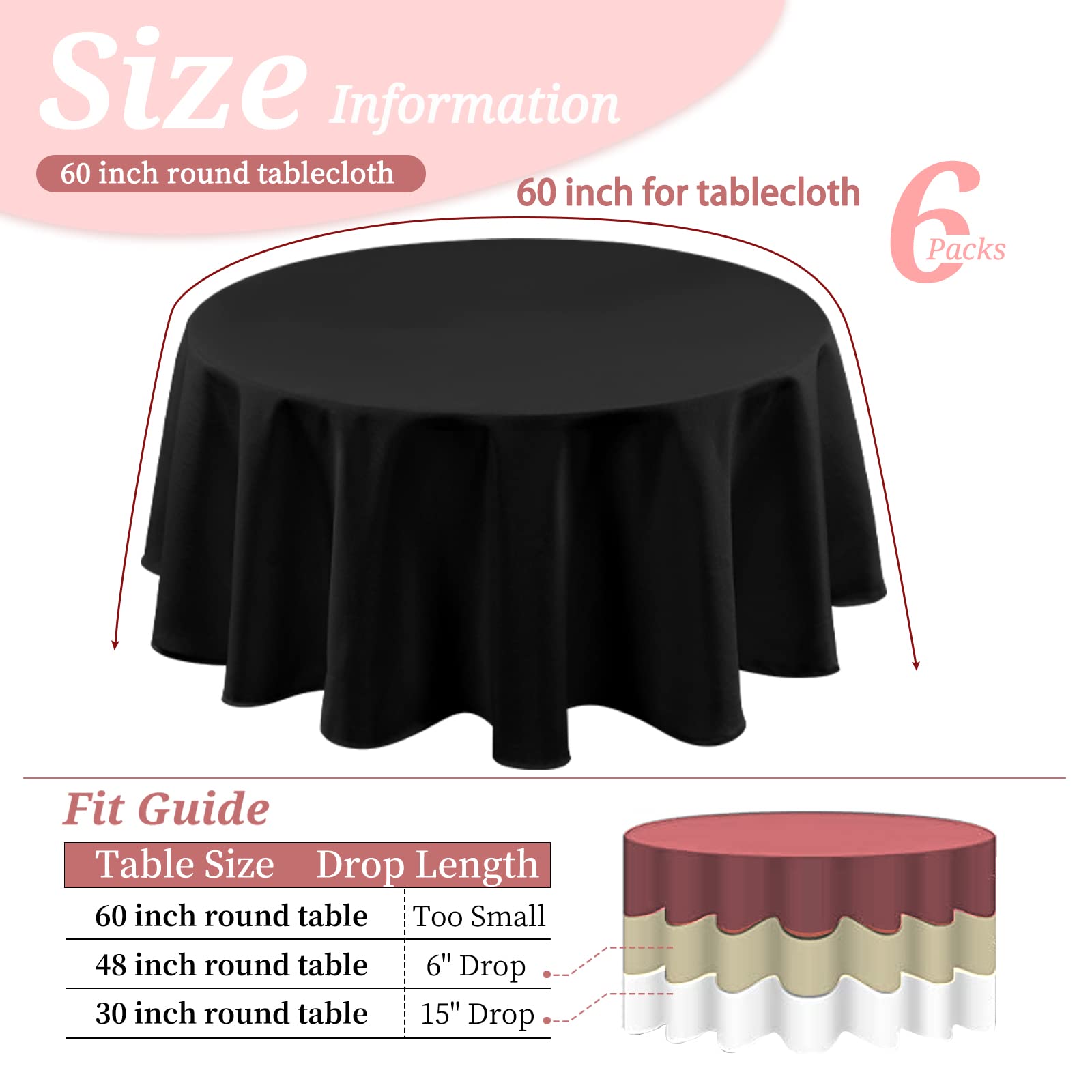 6 Pack Polyester Round Tablecloth 60 inch Black Table Cloths Water ...