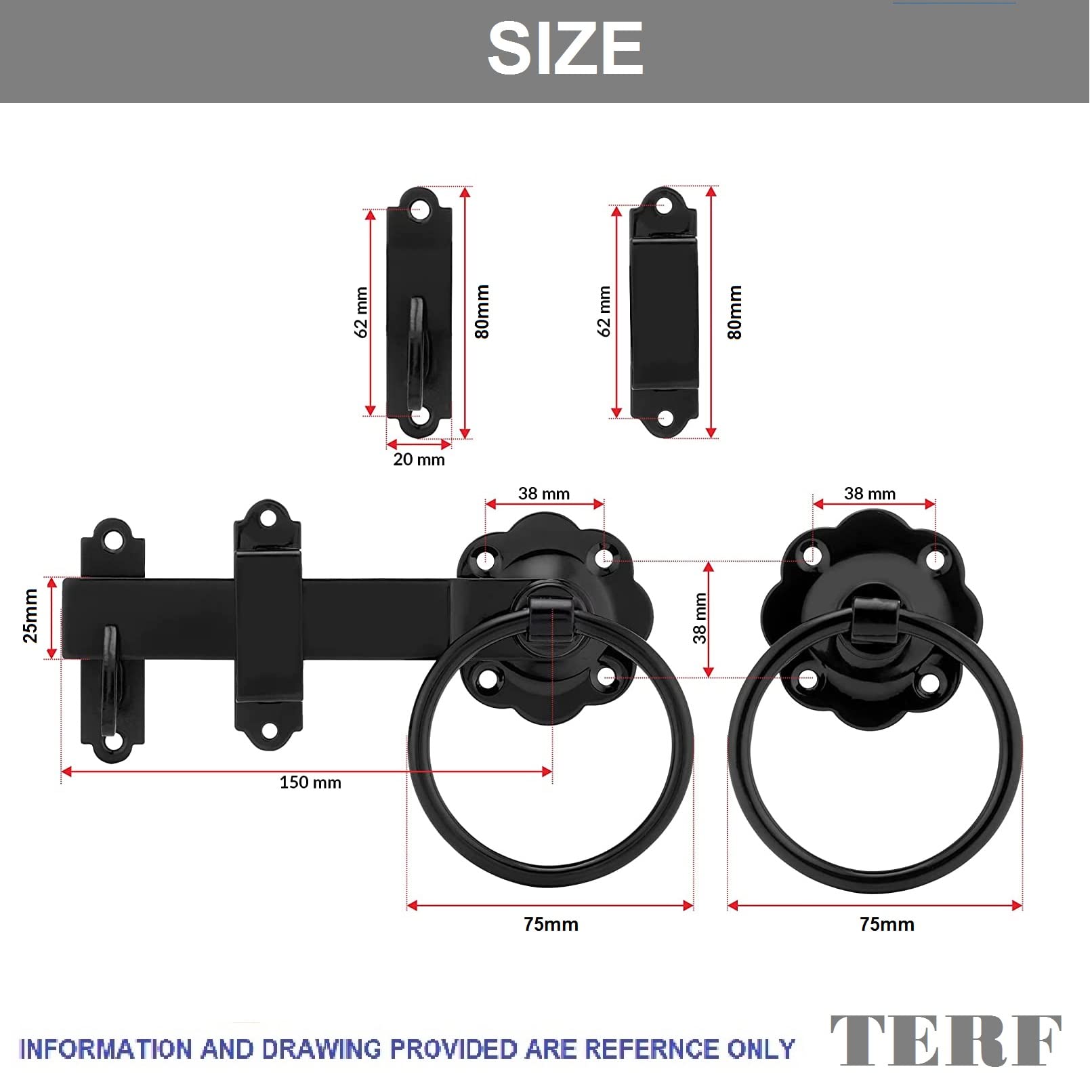 TERF Heavy Duty Ring Gate Latch Door Lock Black Ring Handle Garden Gate ...