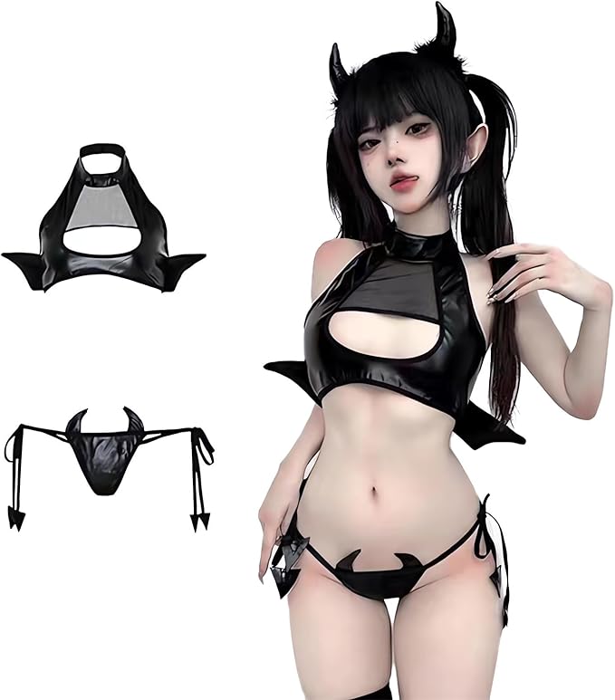 Amazon.co.jp: [LIKENNY] 小悪魔 コスプレ セクシー 過激 エッチ な えろい メイド服 PU革 可愛い かわいい 角 翼 萌え 超セクシー 悩殺 光沢 エロ ...