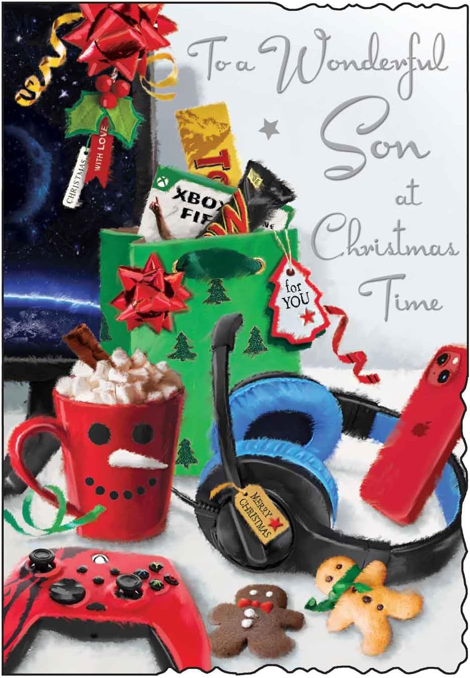 Jonny Javelin Christmas Card for Son - Gaming and Hot Chocolate Design ...