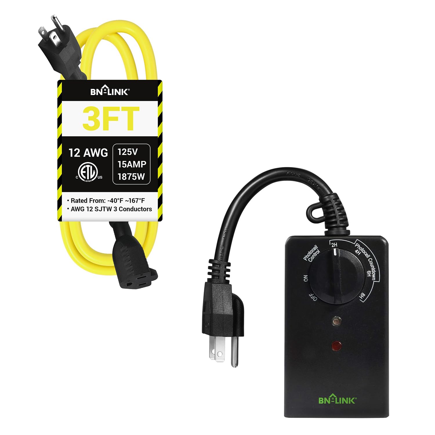 BN-LINK Outdoor 24-Hour Light Timer & 3ft Outdoor Extension Cord, 15 ...