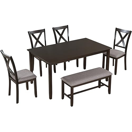 Amazon.com: Merax 6-Piece Wooden Kitchen Dining Table Set with 4 Fabric ...