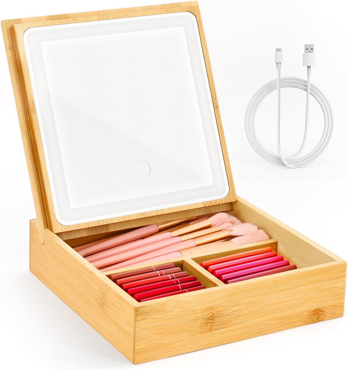 Amazon.com: Onism Bamboo Makeup Organizer with LED Light Mirror ...