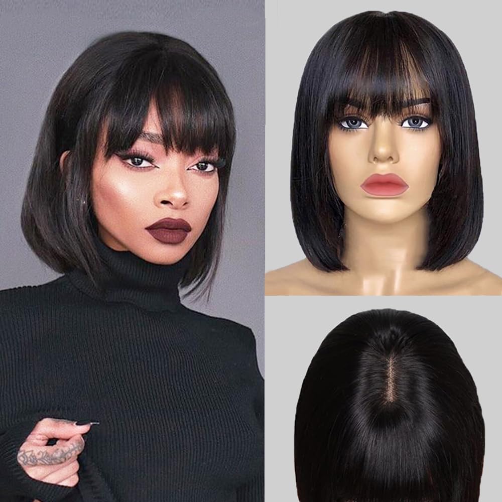 Amazon.com : Jiumido Bob Wig With Bangs Human Hair 180% Density ...