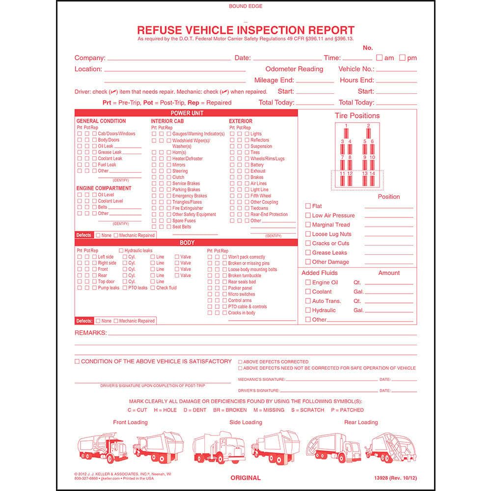 Refuse Truck Drivers Vehicle Inspection Report 10 Pk Book Format ...