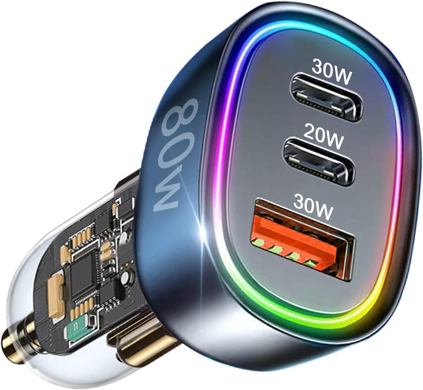 80W 3-Port Fast Car Charger with PD3.0/QC4.0 for iPhone/Samsung