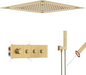VANFOXLE Shower Faucet Set Brushed Gold Temperature Shower System, Push Button Diverter Shower ...