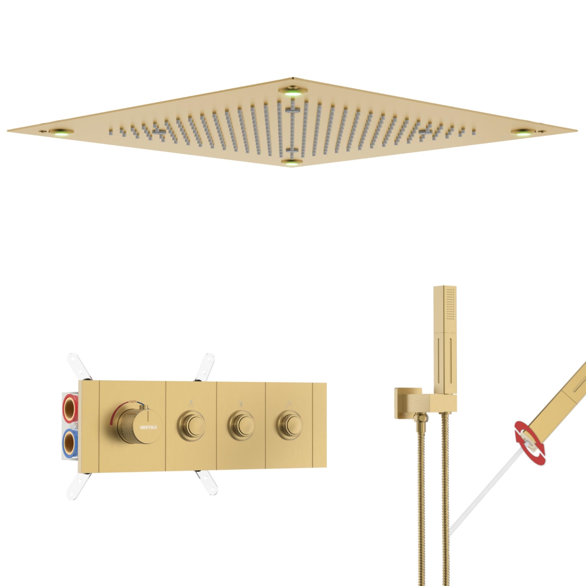 Snapklik.com : VANFOXLE Shower Faucet Set Brushed Gold Temperature Shower System, Push Button ...