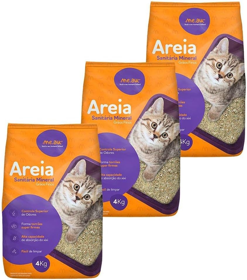 Kit Areia Sanitária Me.au Pet Grãos Finos para Gatos 4 Kg - 12 Kg (3 Unidades) | Amazon.com.br