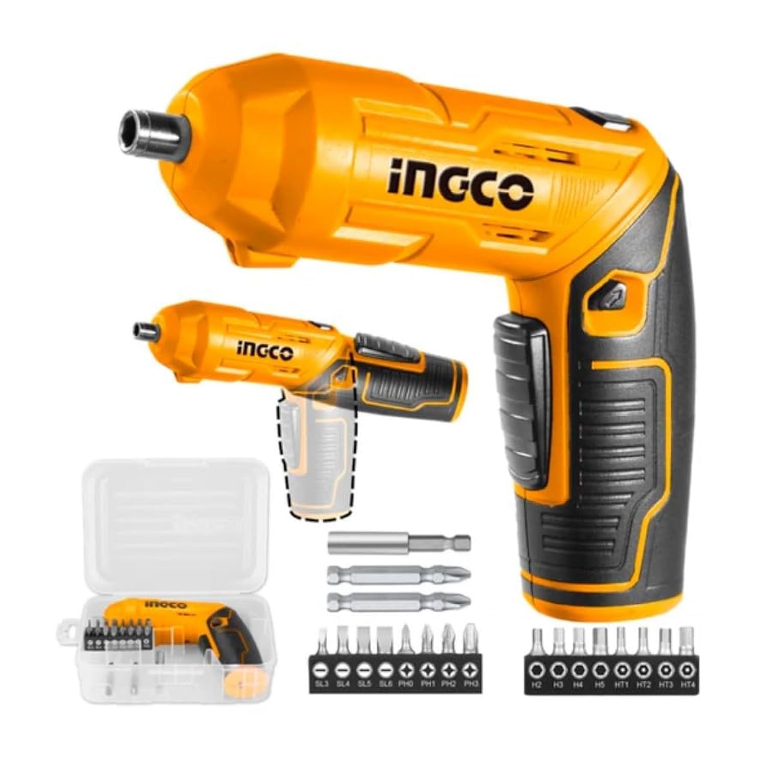 INGCO Cordless Screwdriver, 4V, Adjustable Handle, 19 Screwdriver Bits ...