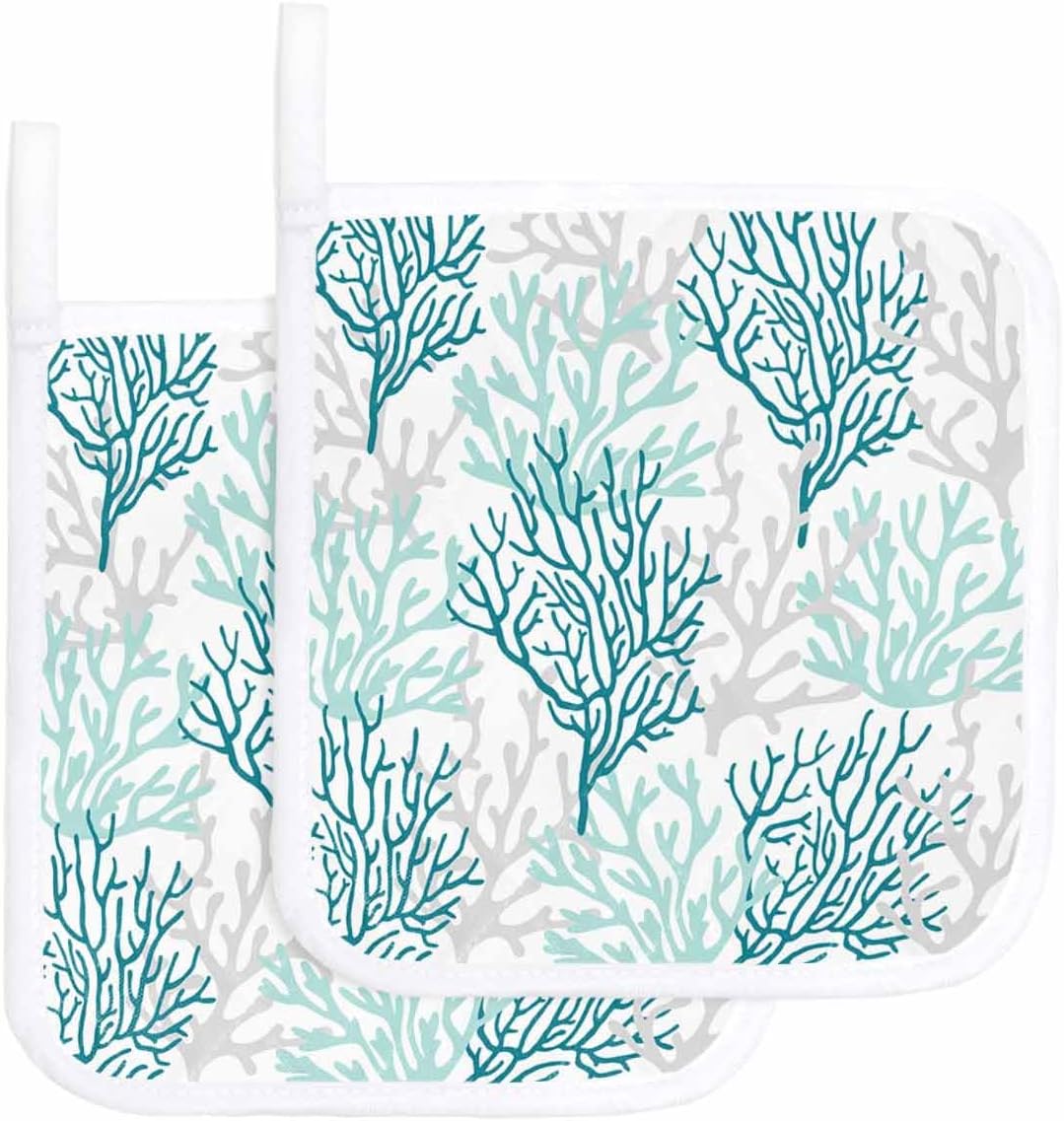 Amazon.com: Teal Grey Coral Coastal Pot Holders for Kitchen Heat ...
