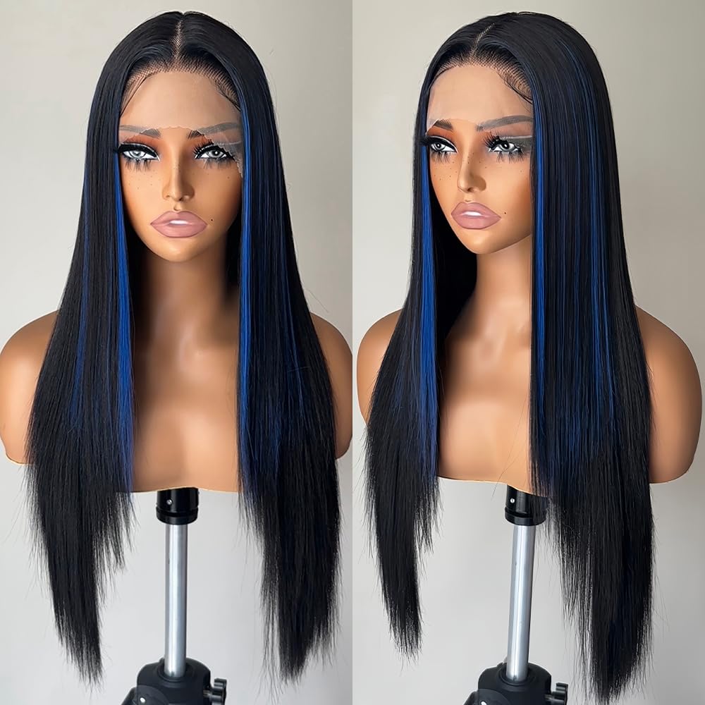 Amazon.com : FABÉLLE Blue Highlight Wig Synthetic Lace Front Wigs ...