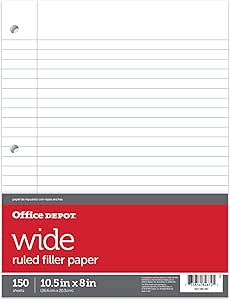 Office Depot Papel de preenchimento para notebook, pautado largo, 20 cm x 26 cm, perfurado com 3 ...