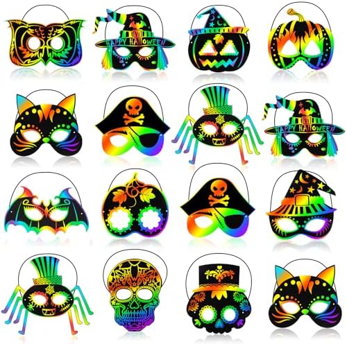 Amazon.com: OuMuaMua 30PCS Halloween Rainbow Scratch Mask Art Craft Kit ...