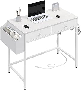 Amazon.com: HOOBRO Small White Computer Desk with Power Outlet, 32 Inch ...