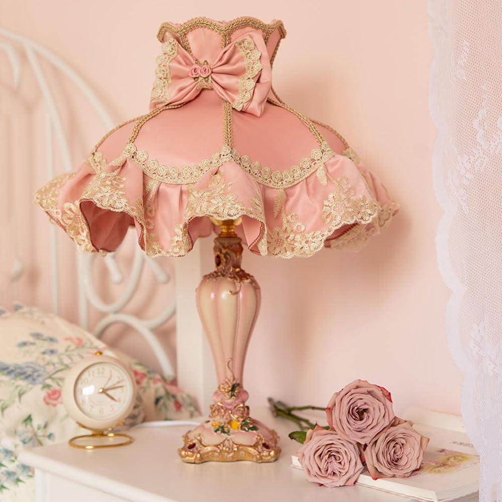 WISHVYQ European Style Pink Table Lamp Lace Bow Fabric Drum Shade and ...